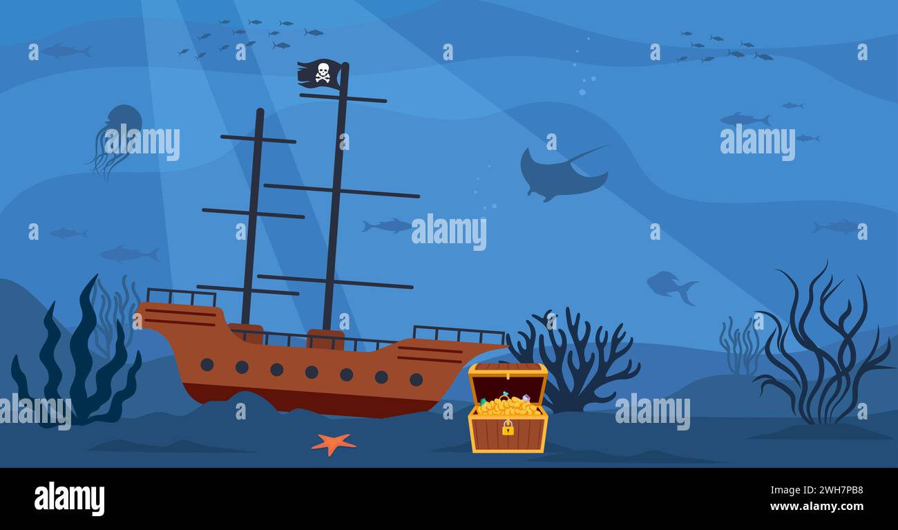 Underwater scenery with open pirate treasure chest and pirate ship on ...