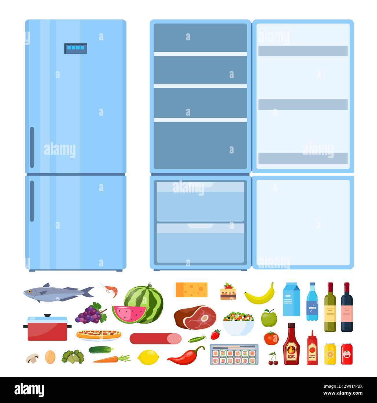 Fridge. Closed and open empty refrigerator. Blue fridge and set of ...