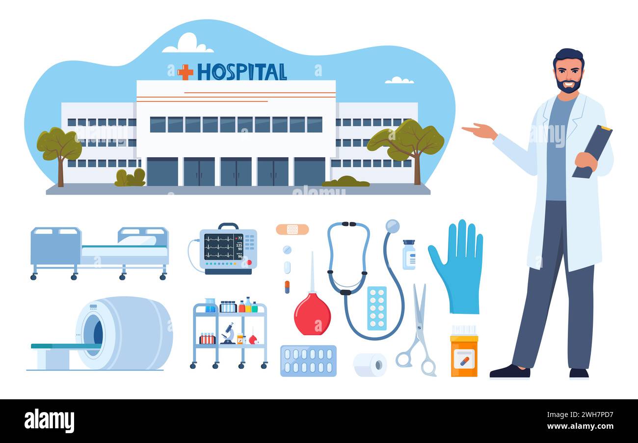 Hospital building, medical devices and doctor character. Hospital ...