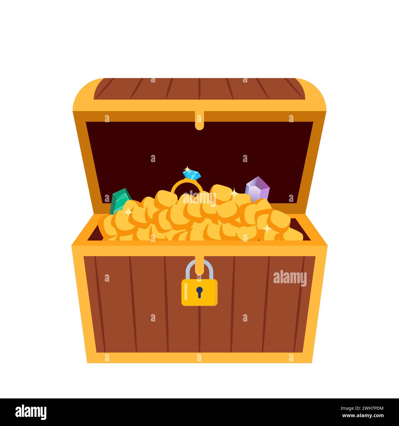 Treasure chest full of gold coins, crystal gems and jewellery. Symbol ...
