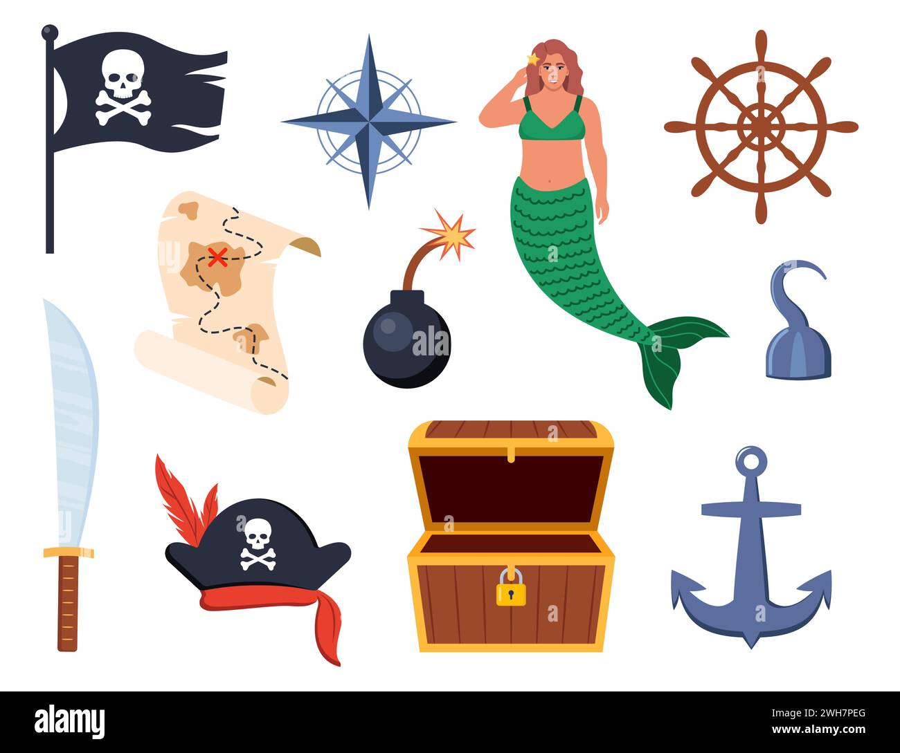 Pirate elements set. Pirates theme illustrations with ship, captain ...