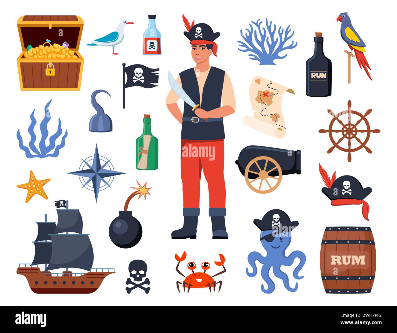 Pirate elements set. Pirates theme illustrations with ship, captain ...