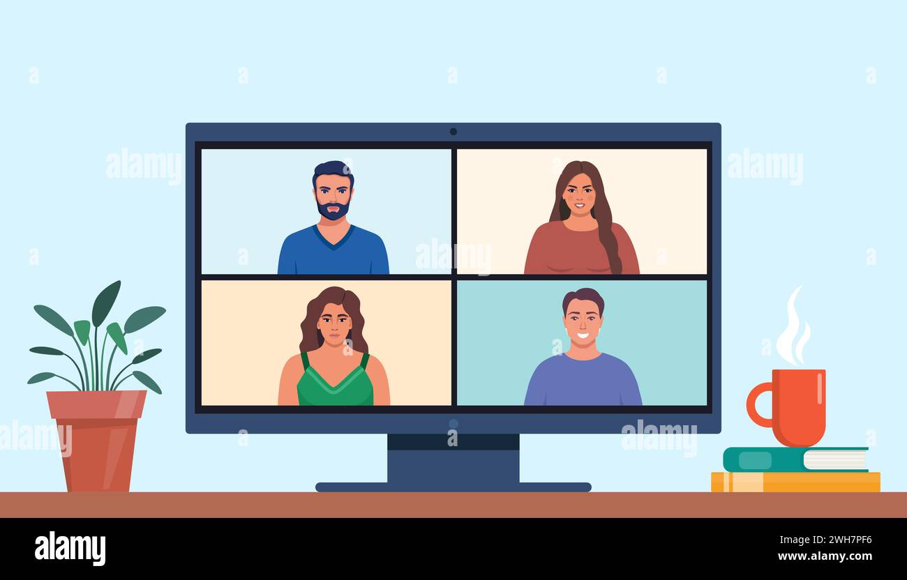 Computer screen with collective virtual meeting, group video conference ...