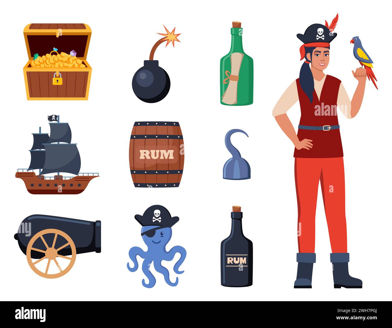 Pirate elements set. Pirates theme illustrations with ship, captain ...