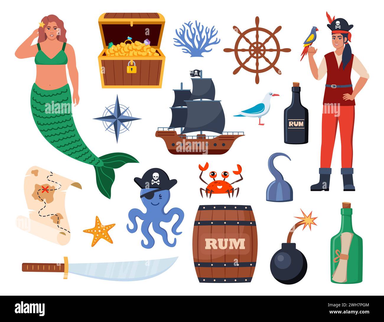 Pirate elements set. Pirates theme illustrations with ship, captain ...