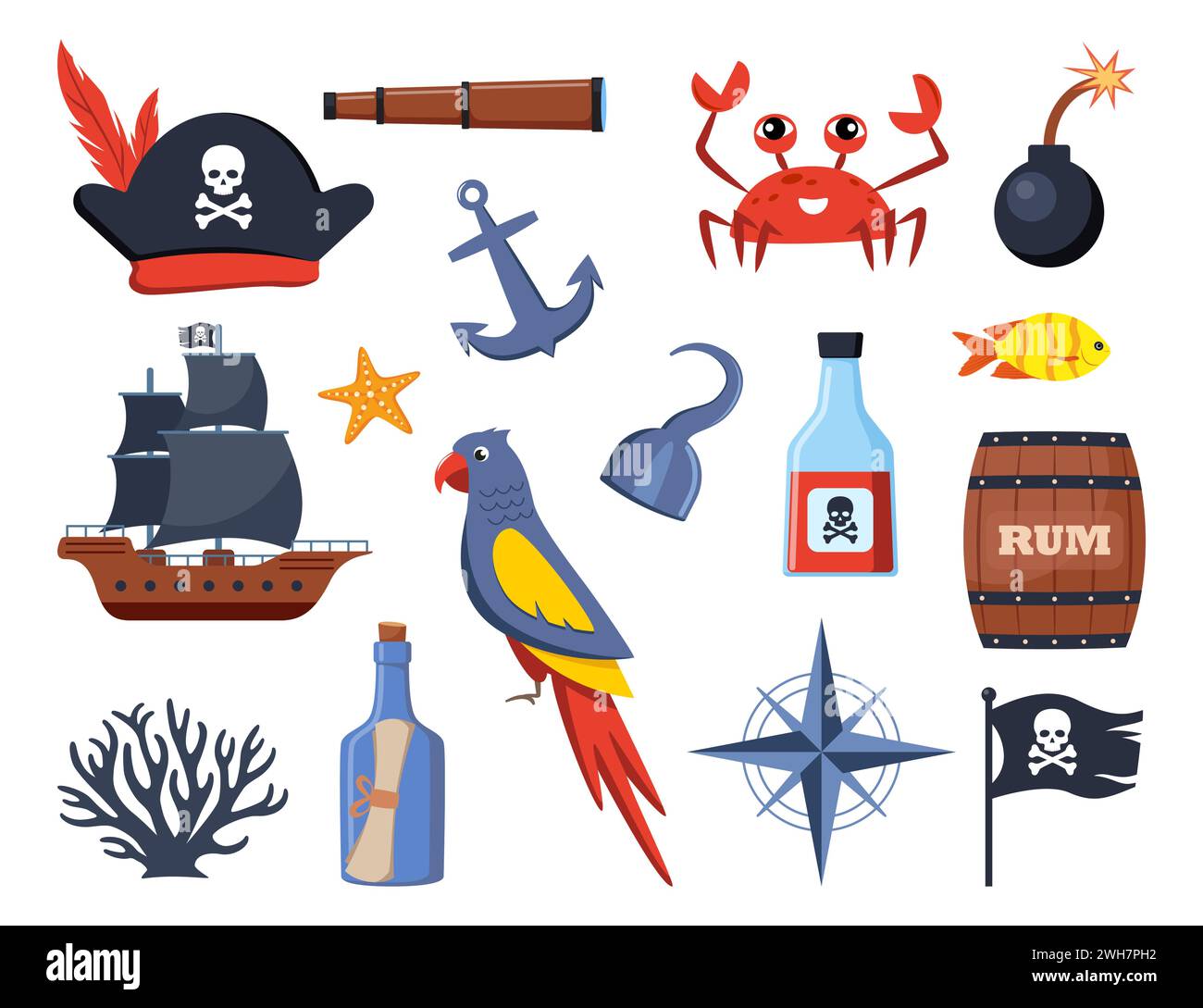 Pirate elements set. Pirates theme illustrations with ship, captain ...