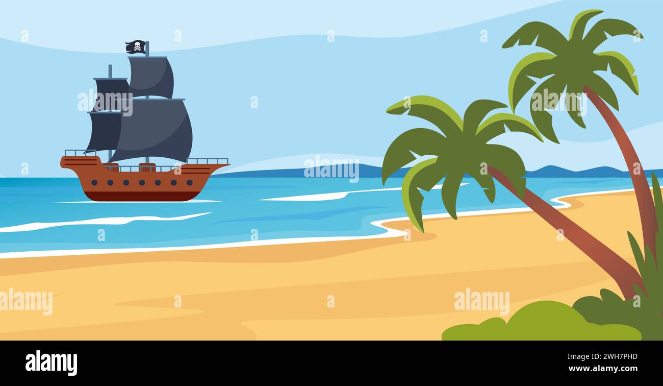 Tropical island and pirate ship near the island. Sea landscape with ...