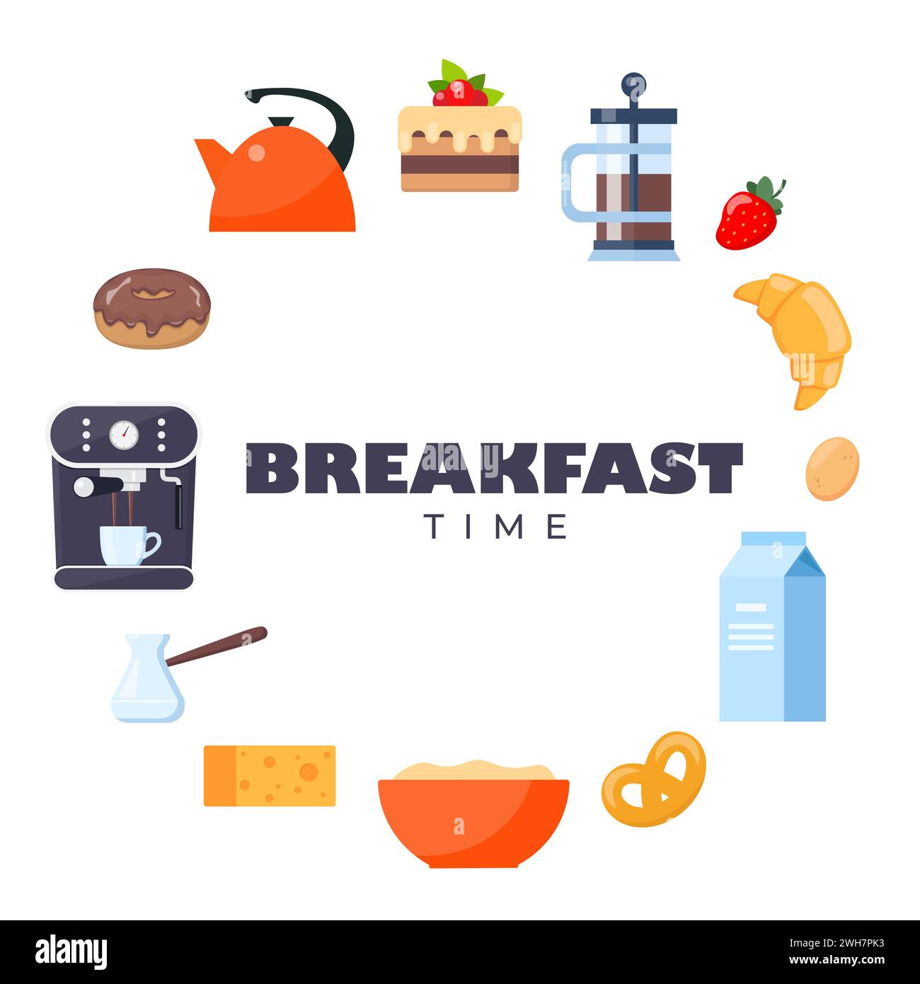 Breakfast icon set. Food and drinks, kitchen utensils, coffee machine ...