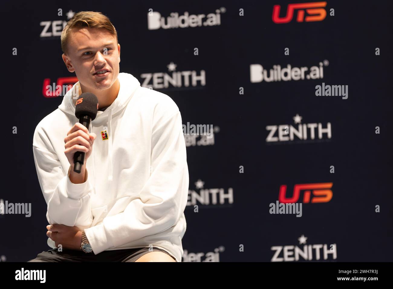 Oslo, Norway 08 February 2024 Holger Rune of Denmark speaks during the ...
