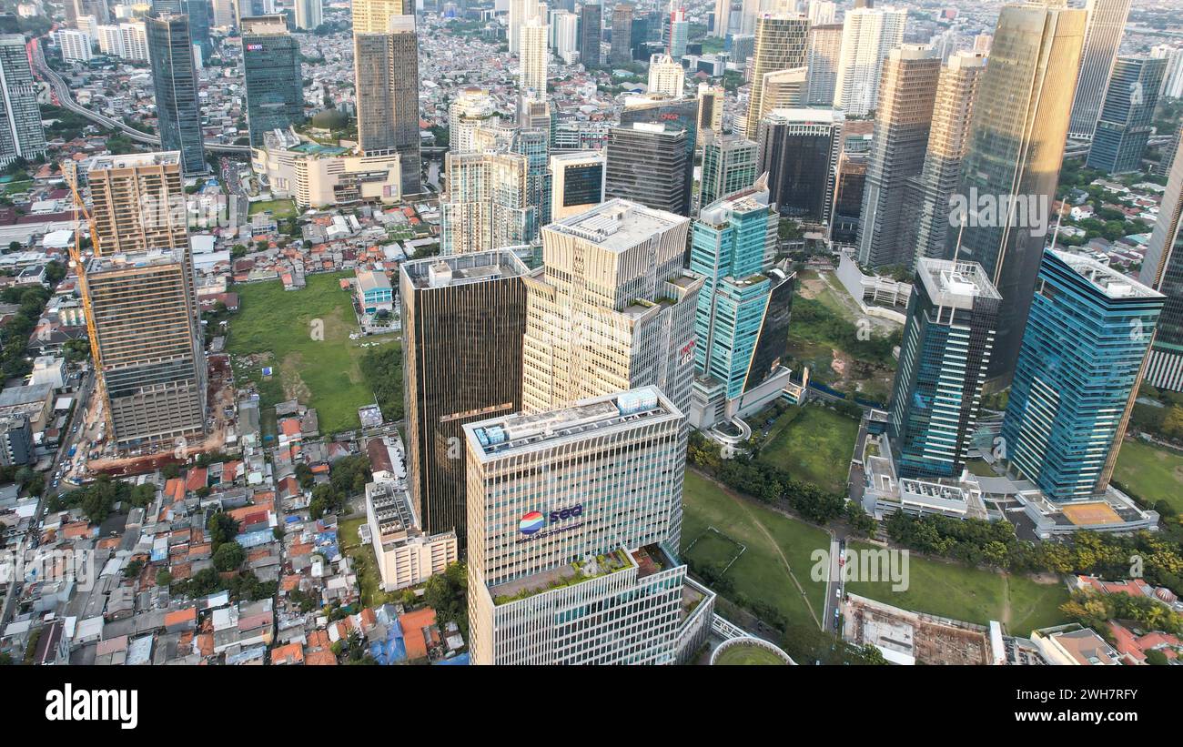 Panoramic cityscape of Indonesia capital city Jakarta at sunset. A rare ...
