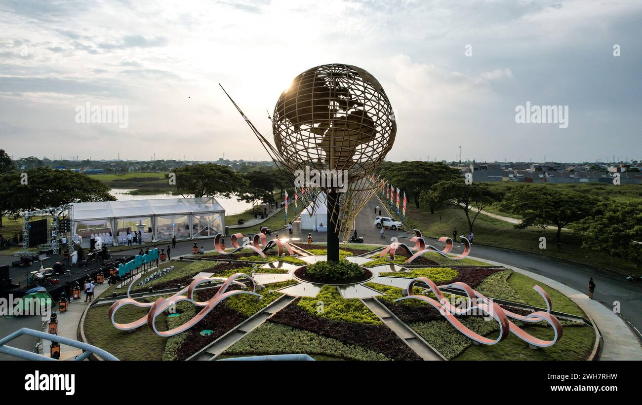View of the housing complex and its iconic steel ball statue, seen from ...