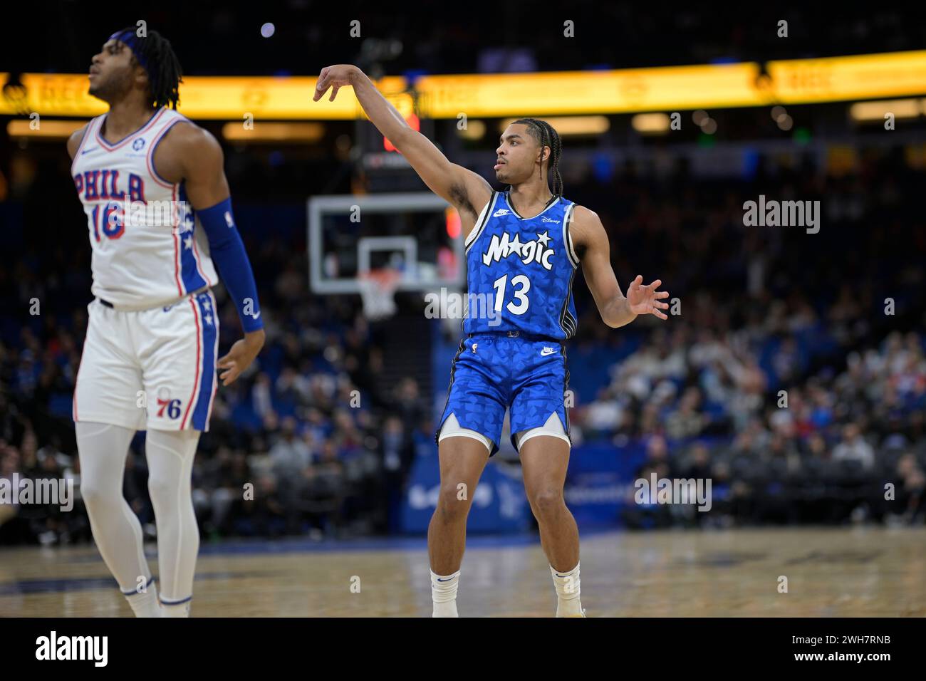 Orlando Magic guard Jett Howard (13) watches his 3-pointer as ...
