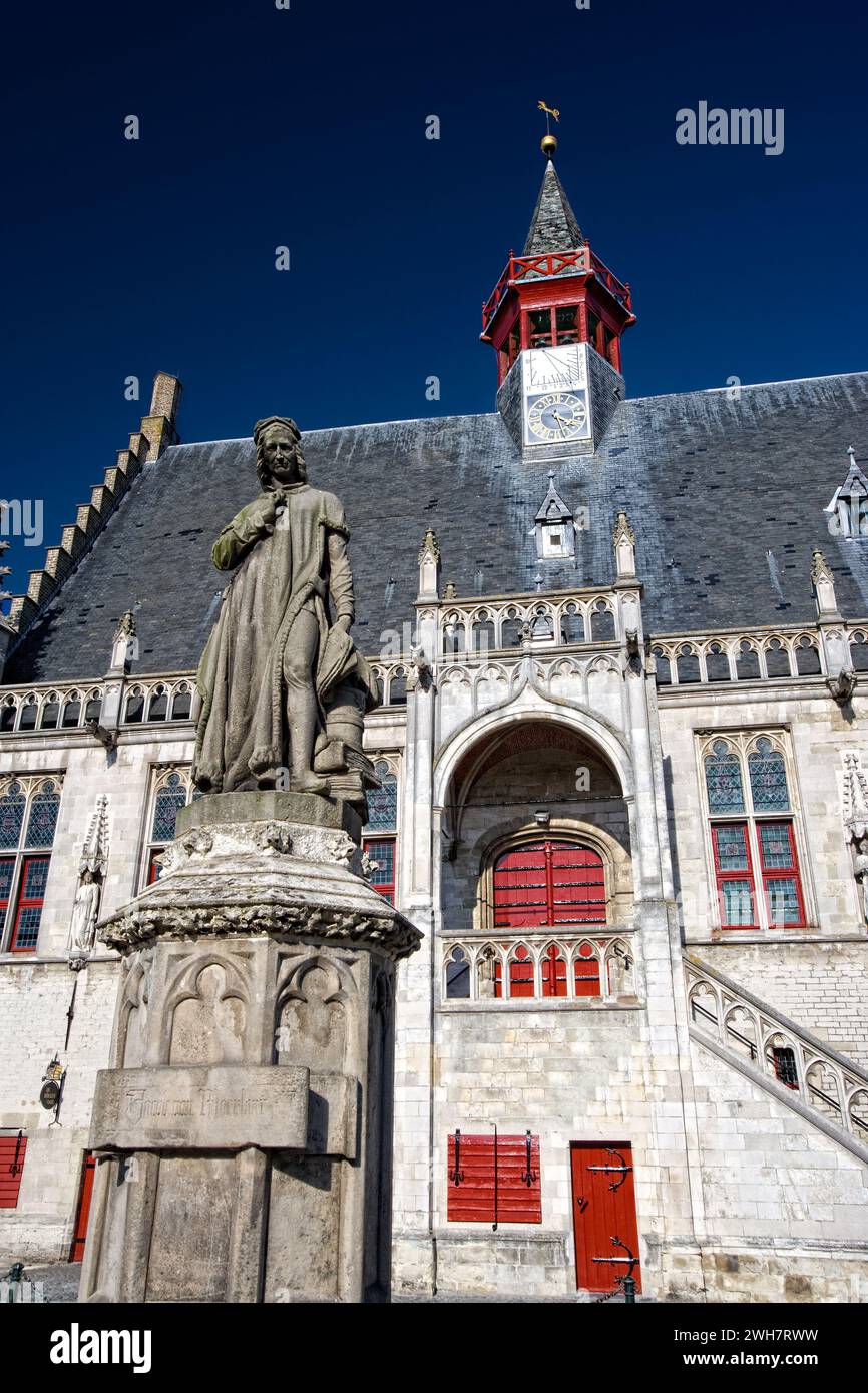 Statue of Jacob van Maerlant in front of the Town Hall, Damme, Flanders ...