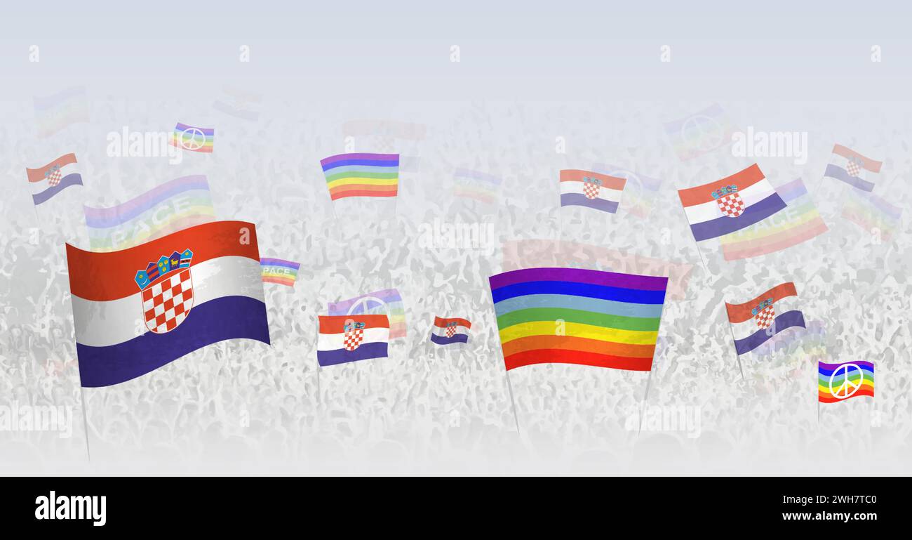 People waving Peace flags and flags of Croatia. Illustration of throng ...