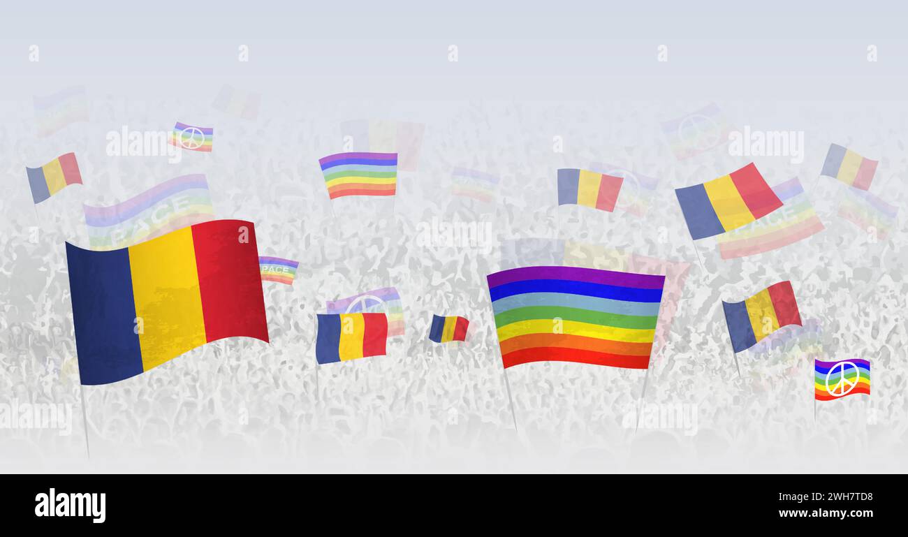 People waving Peace flags and flags of Romania. Illustration of throng ...