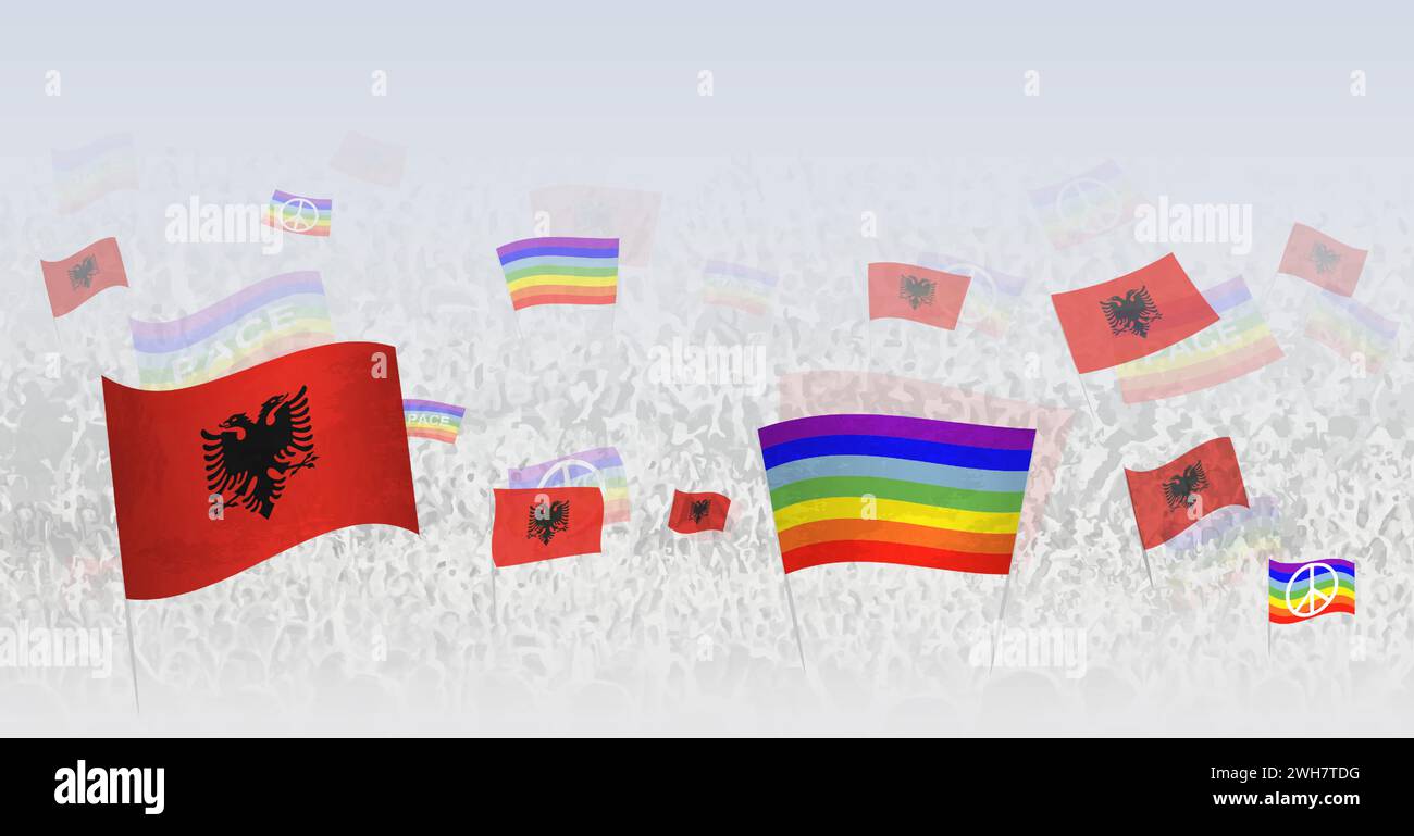 People waving Peace flags and flags of Albania. Illustration of throng ...