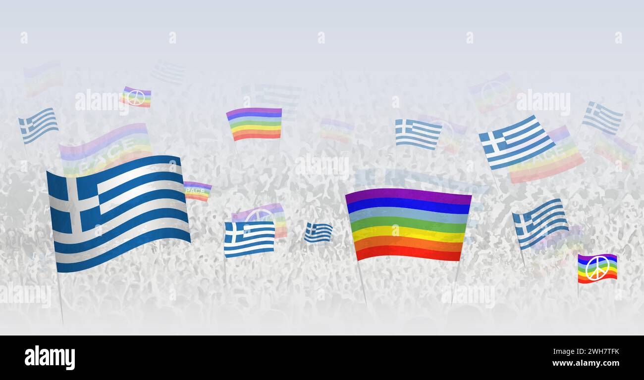 People waving Peace flags and flags of Greece. Illustration of throng ...