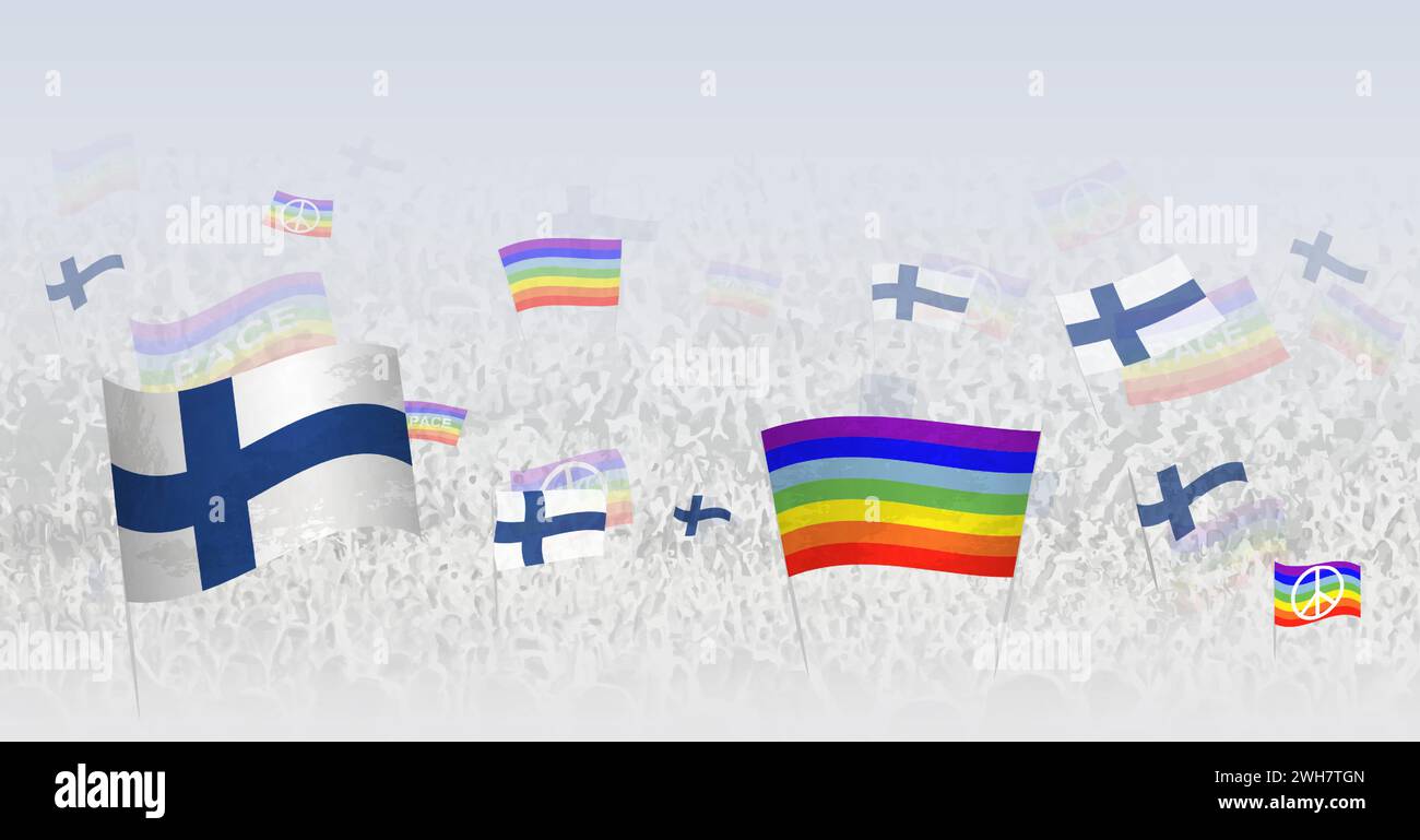 People waving Peace flags and flags of Finland. Illustration of throng ...