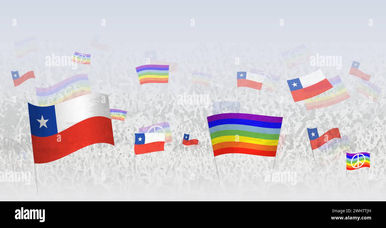 People waving Peace flags and flags of Chile. Illustration of throng ...