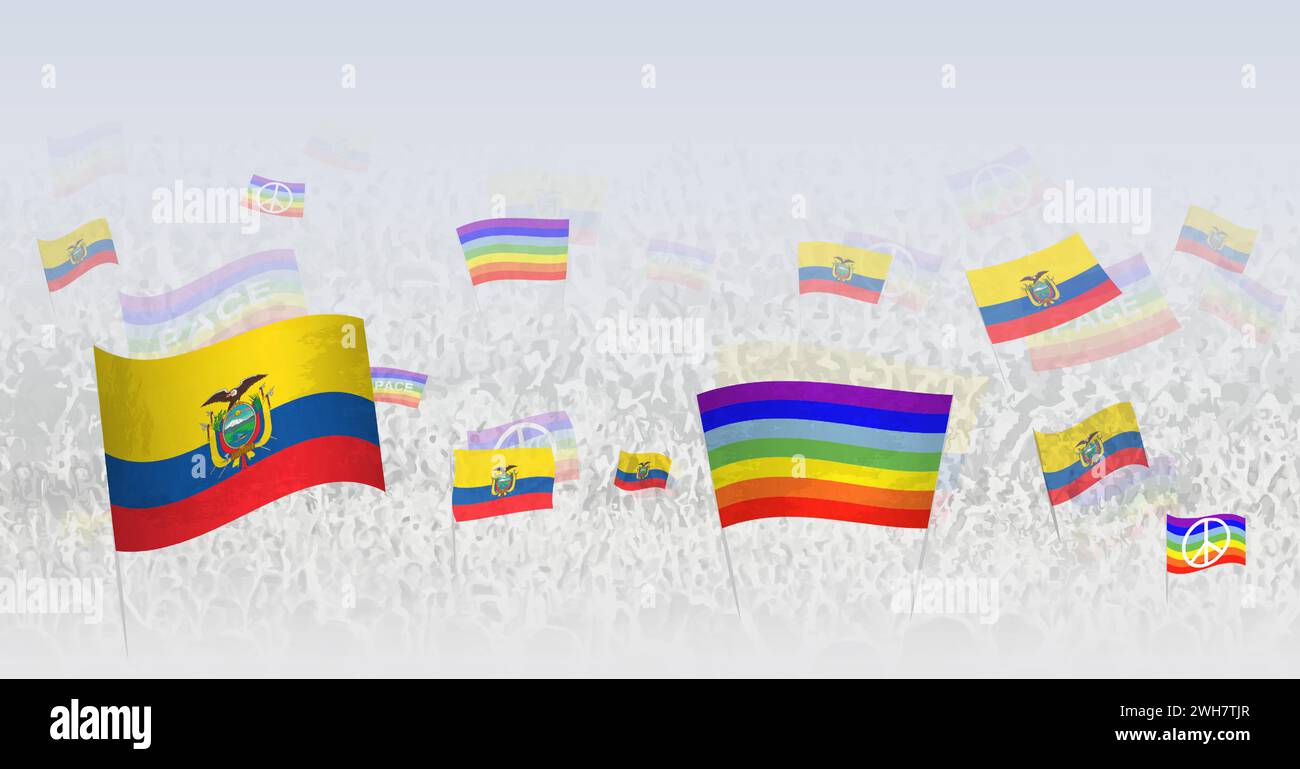 People waving Peace flags and flags of Ecuador. Illustration of throng ...