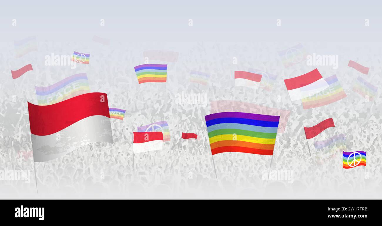 People waving Peace flags and flags of Monaco. Illustration of throng ...