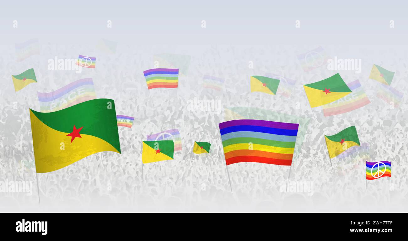 People waving Peace flags and flags of French Guiana. Illustration of ...
