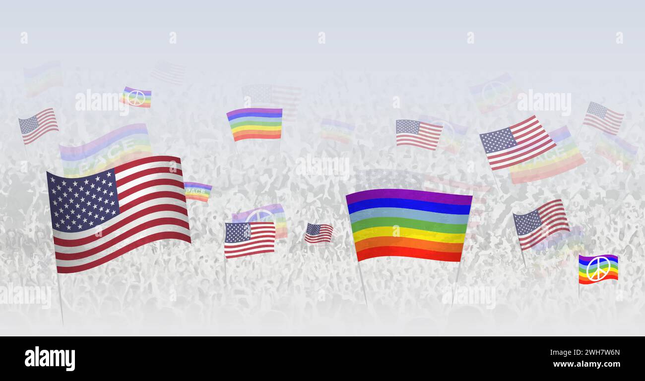 People waving Peace flags and flags of USA. Illustration of throng ...