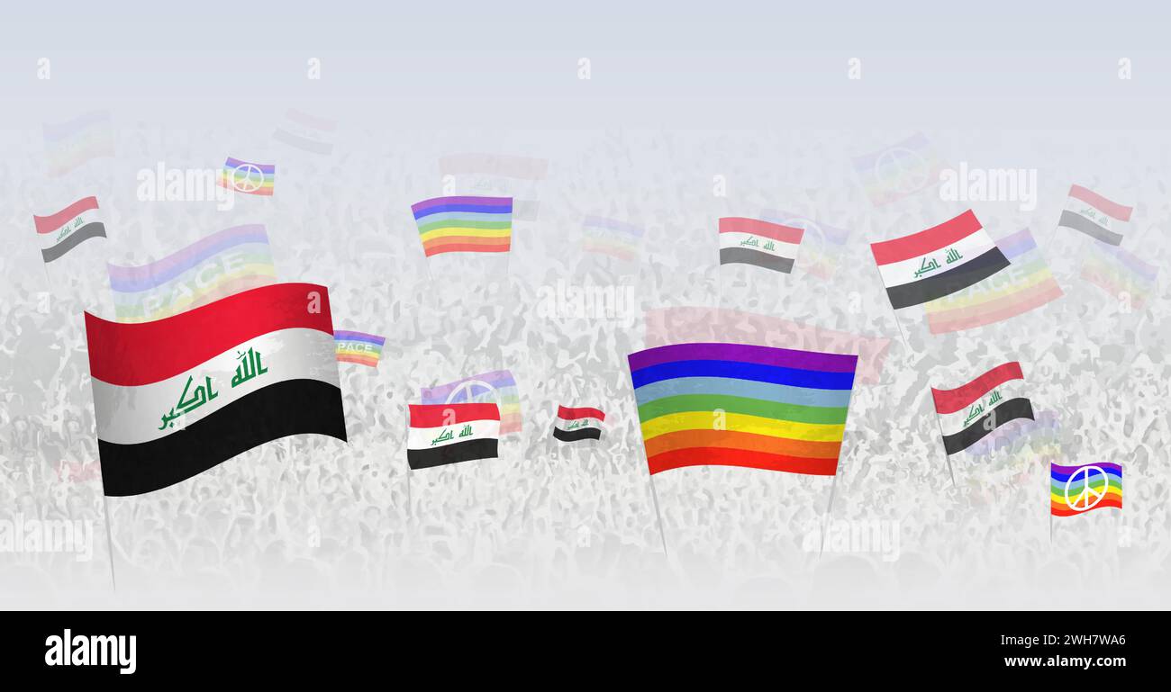 People waving Peace flags and flags of Iraq. Illustration of throng ...