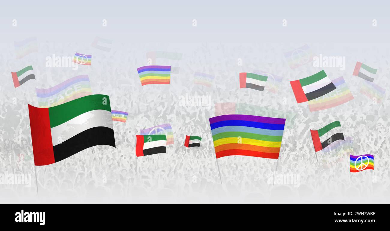 People waving Peace flags and flags of United Arab Emirates ...
