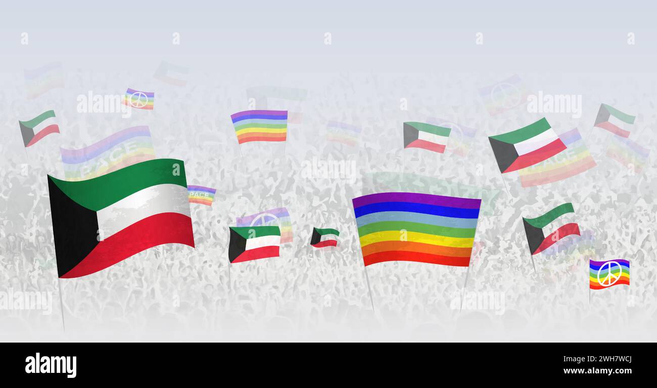 People waving Peace flags and flags of Kuwait. Illustration of throng ...