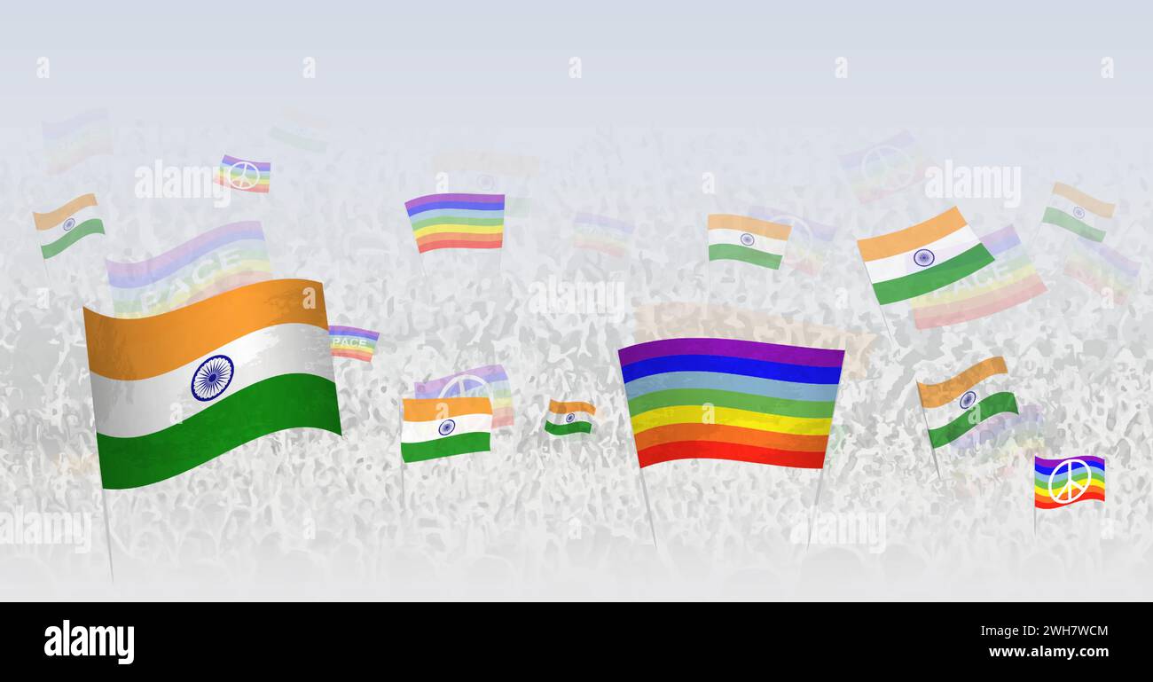 People waving Peace flags and flags of India. Illustration of throng ...