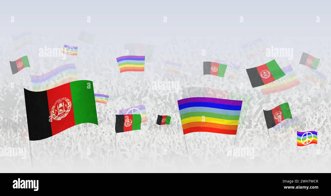 People waving Peace flags and flags of Afghanistan. Illustration of ...