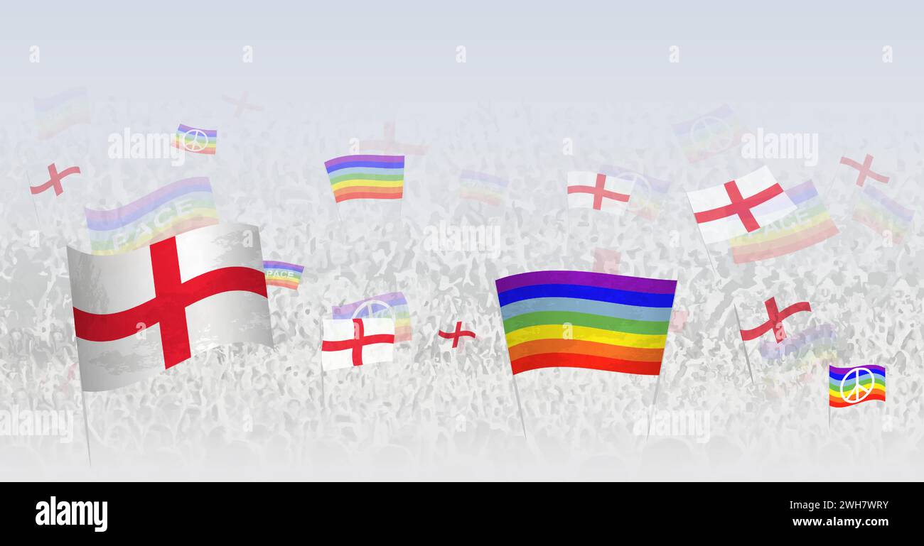 People waving Peace flags and flags of England. Illustration of throng ...