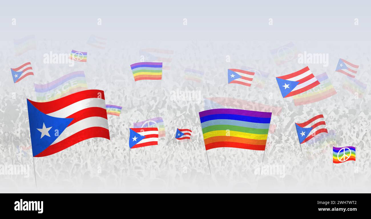 People waving Peace flags and flags of Puerto Rico. Illustration of throng celebrating or ...