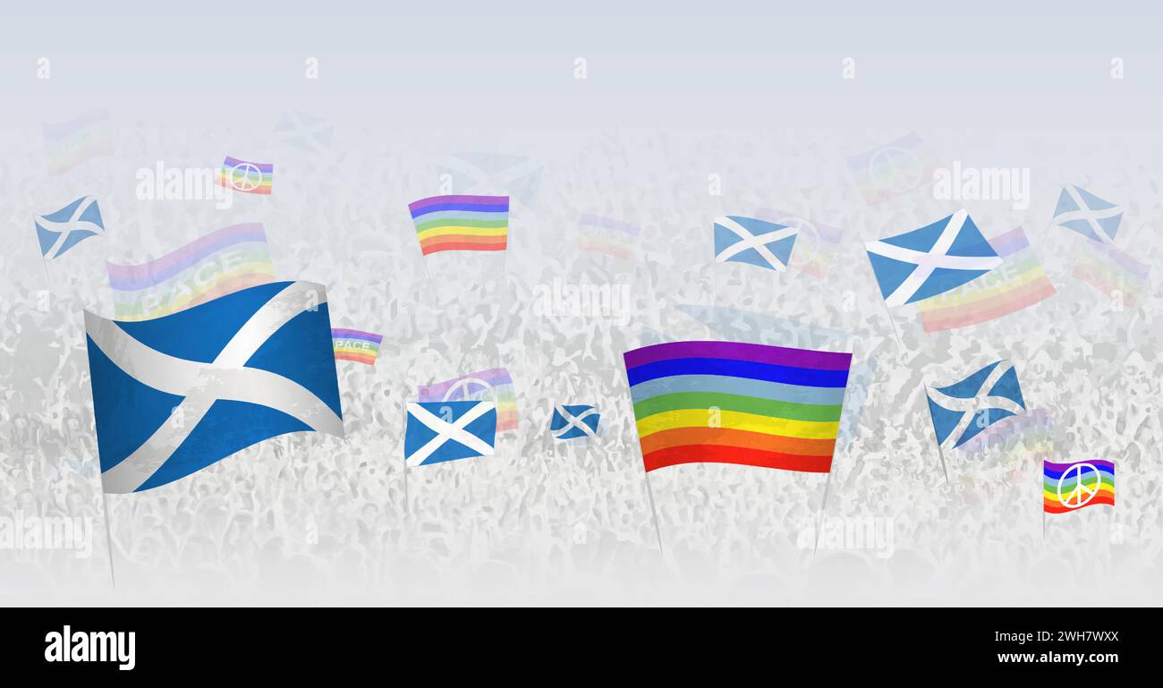 People waving Peace flags and flags of Scotland. Illustration of throng ...