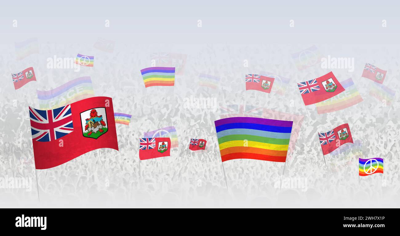 People waving Peace flags and flags of Bermuda. Illustration of throng ...