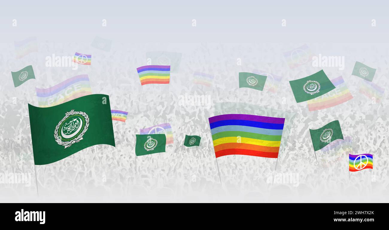 People waving Peace flags and flags of Arab League. Illustration of ...