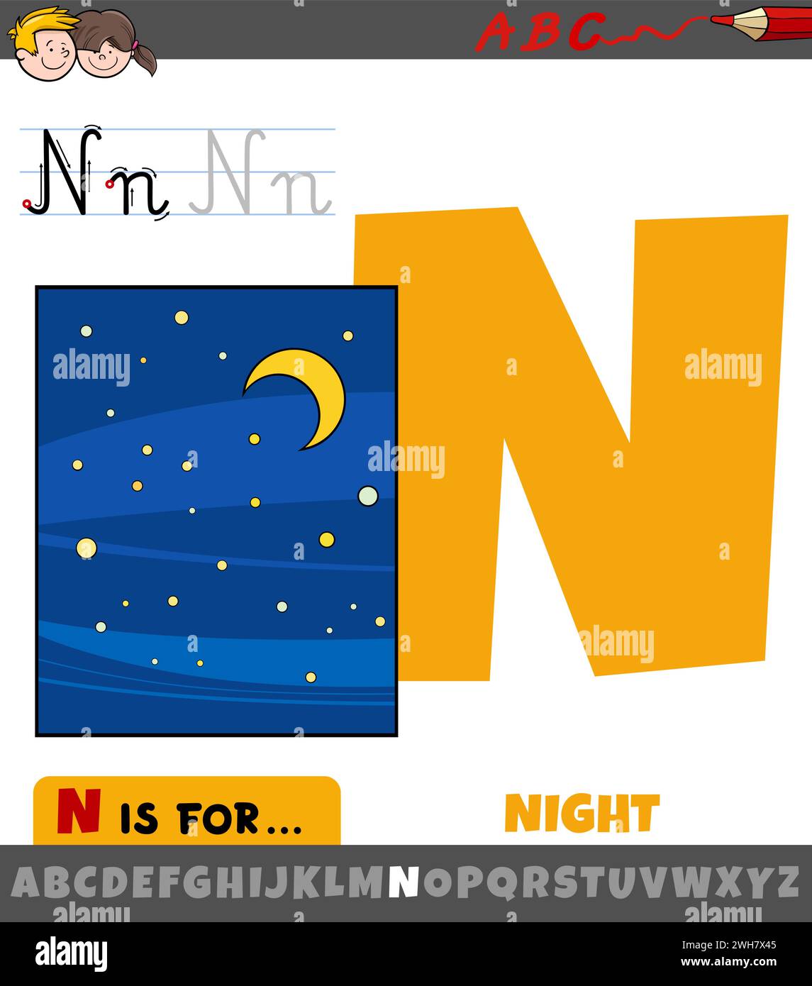 Educational cartoon illustration of letter N from alphabet with night ...
