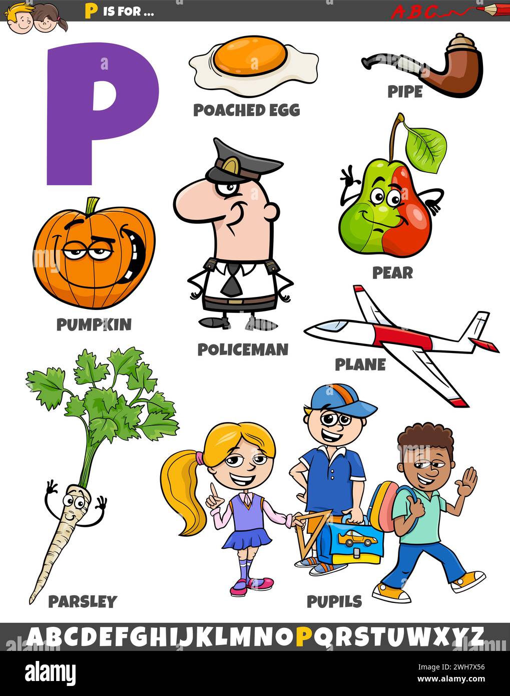 Cartoon illustration of objects and characters set for letter P Stock ...