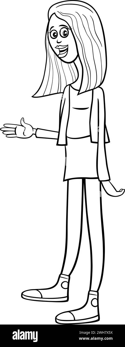 Cartoon illustration of happy girl or young woman character waving her ...