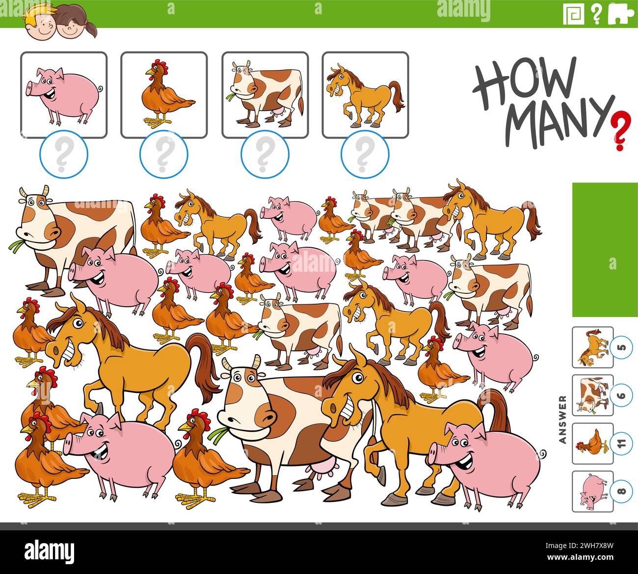Cartoon illustration of educational counting activity with comic farm ...