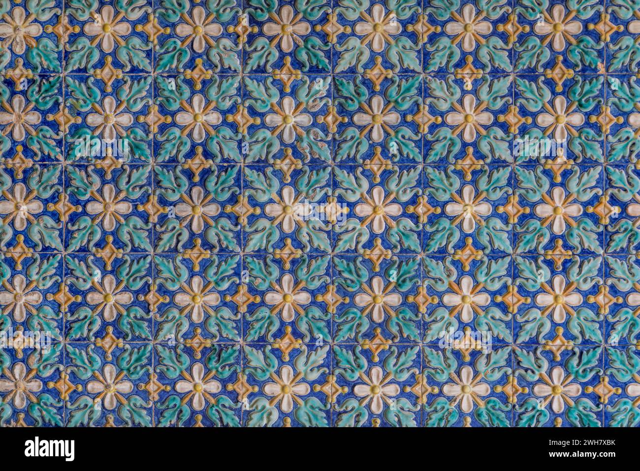 Historic traditional tile, flower blue and green design, architectural ...