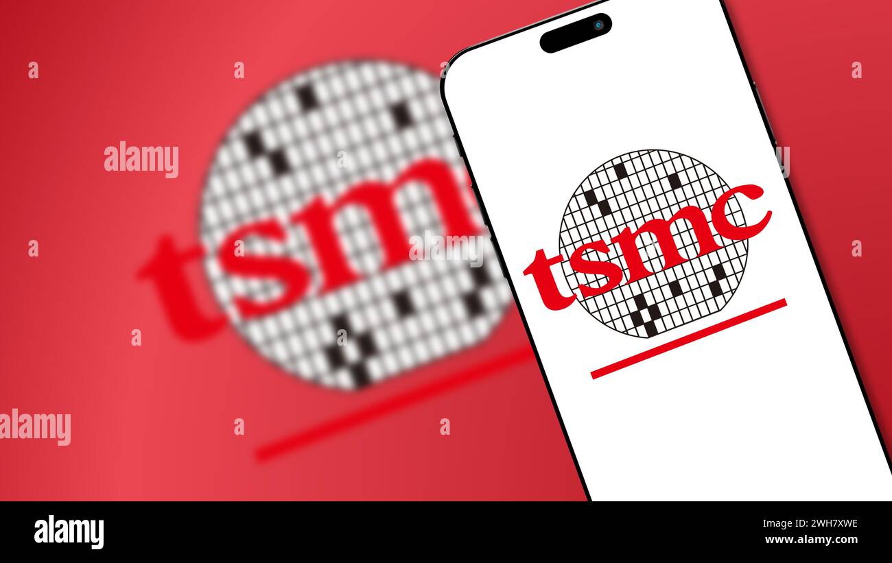 Istanbul, Turkey - 7 February 2024: TSMC brand logo on smartphone screen. TSMC is a leading ...