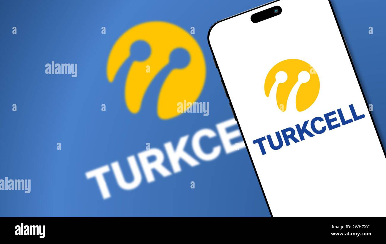 Istanbul, Turkey - 7 February 2024: Blue Turkcell brand logo on ...