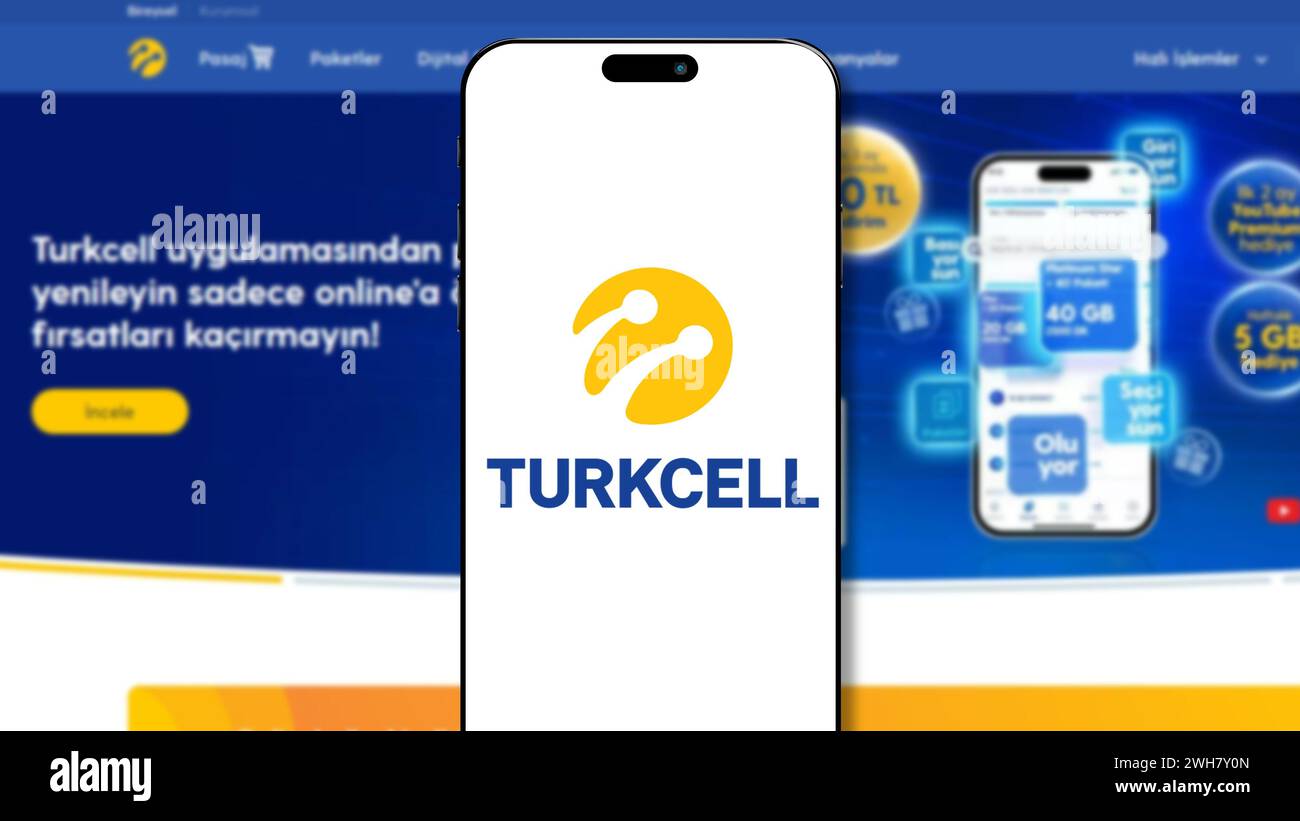 Istanbul, Turkey - 7 February 2024: Turkcell brand logo on smartphone ...