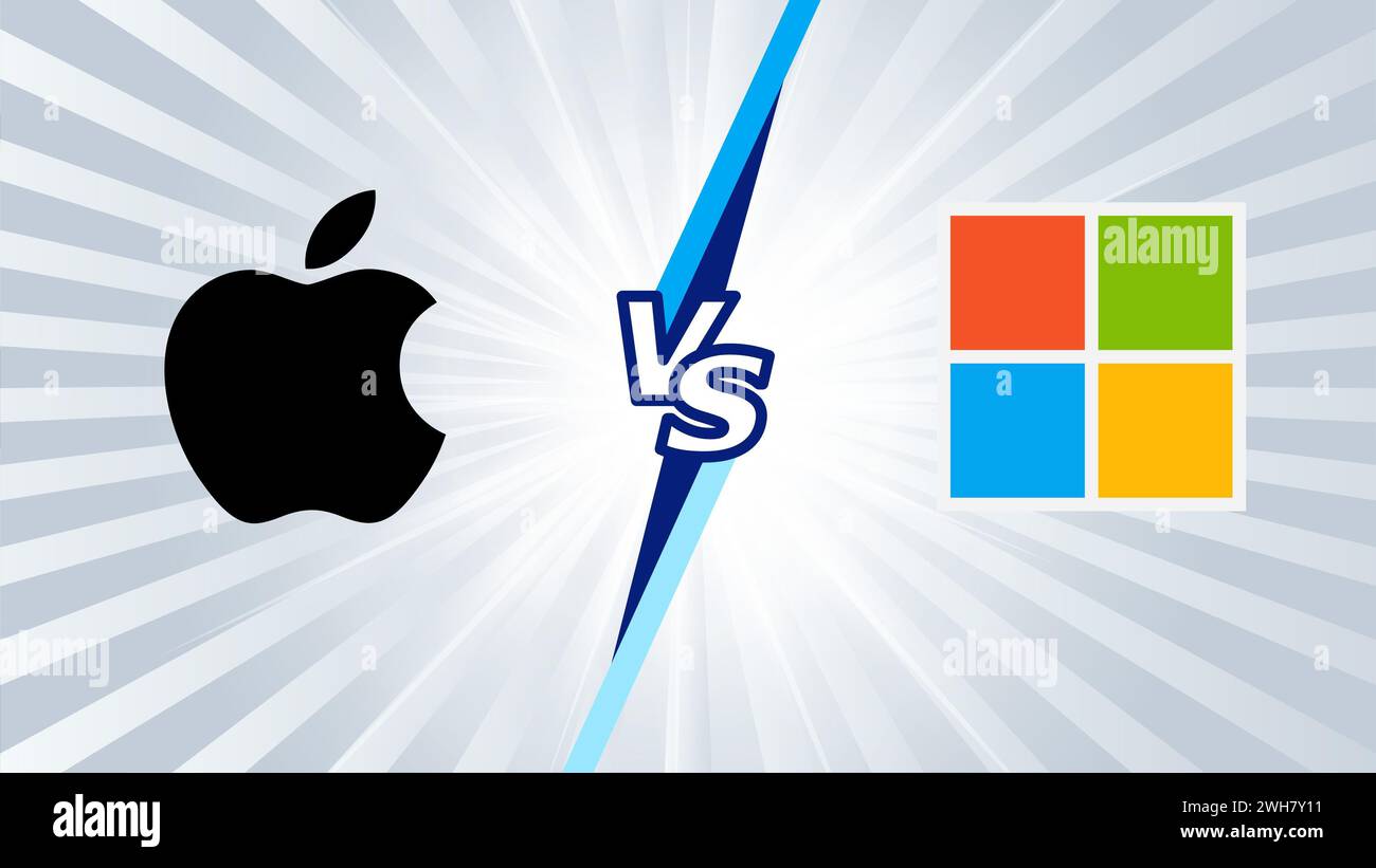 Istanbul, Turkey - 7 February 2024: Apple versus Microsoft. Concept of competitiveness between ...