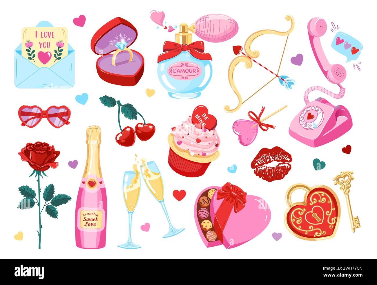 Valentine's day set of cute elements. Doodle sketches of romantic ...