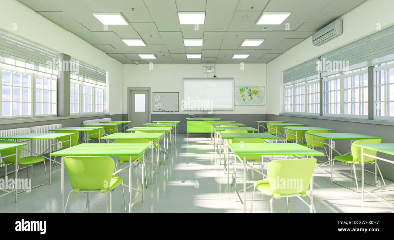 modern interior of a school classroom with green desks and chairs. 3d ...