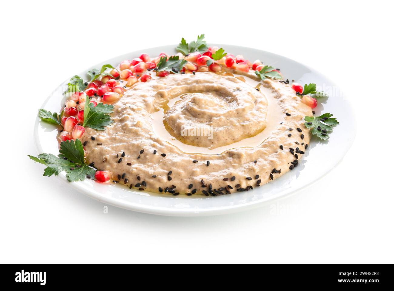 Plate of tasty baba ghanoush on white background Stock Photo - Alamy