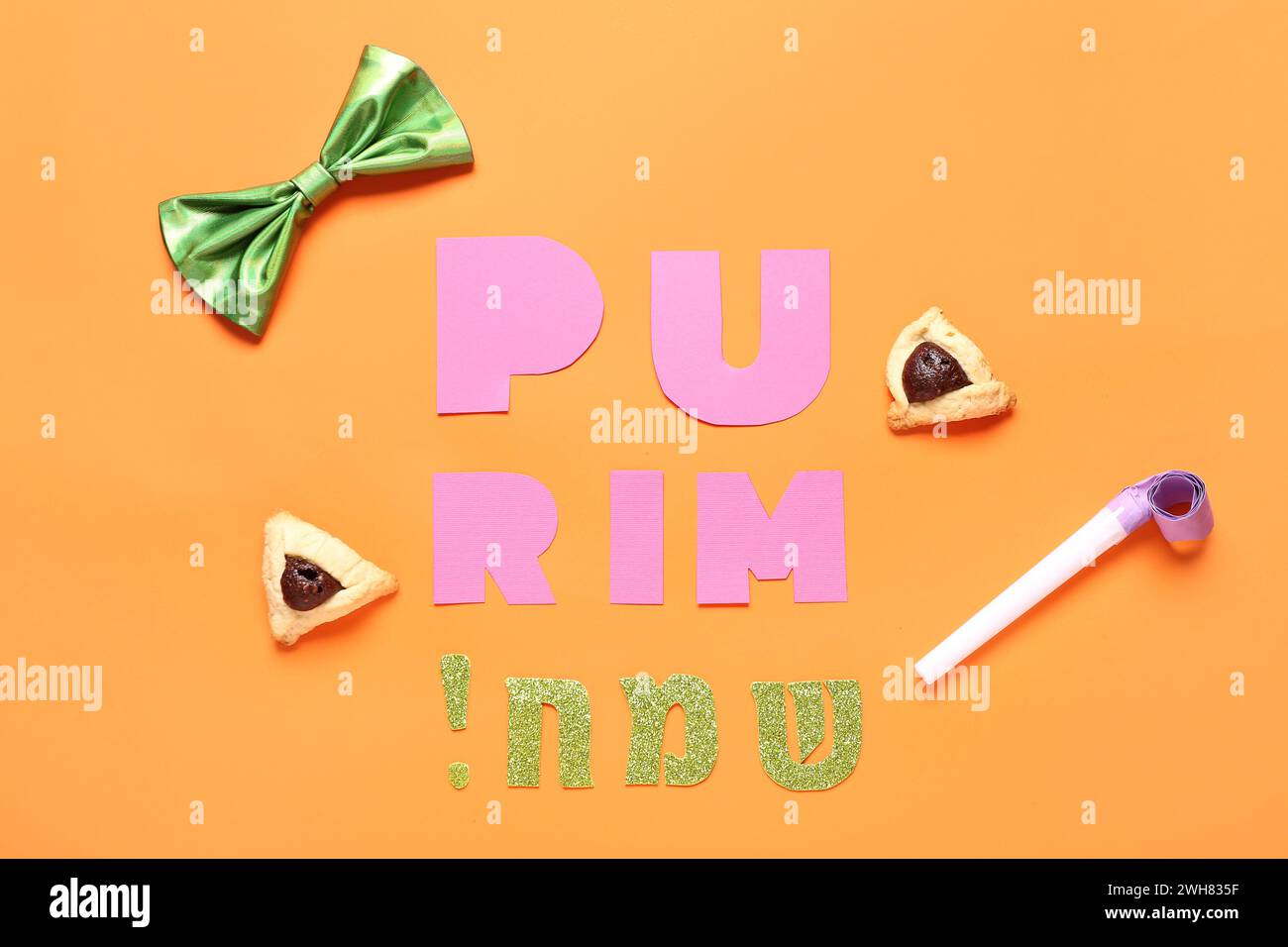 Composition with text HAPPY PURIM, Hamantaschen cookies, bow and ...